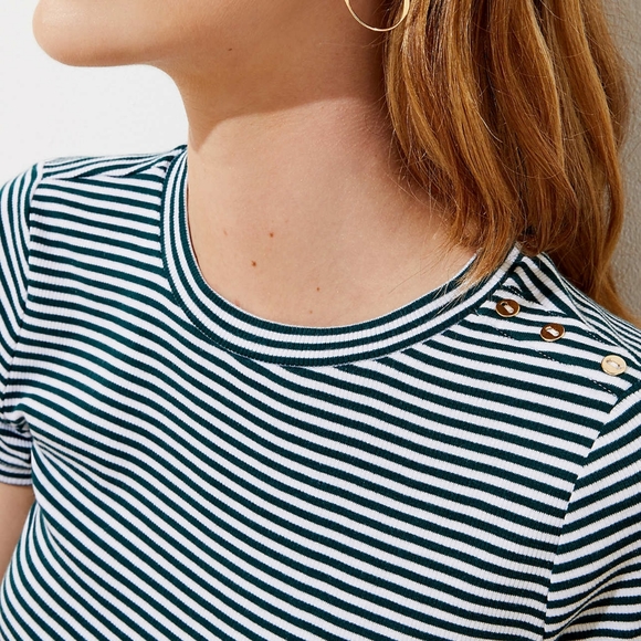 LOFT | Tops | Nwt Loft Striped Ribbed Shoulder Button Tee | Poshmark